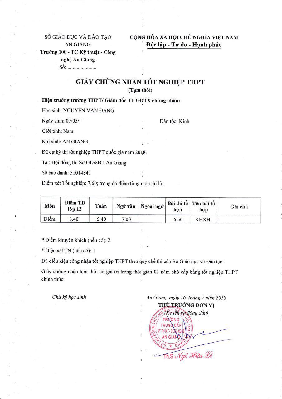 Thời gian nhận giấy chứng nhận tạm thời và bằng tốt nghiệp THPT chính ...